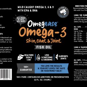 100% Pure Omega 3 Fish Oil for Dogs & Cats - Omegease Supplement for Skin & Coat, Itching, Shedding, Joints & Immune Health (32 oz)