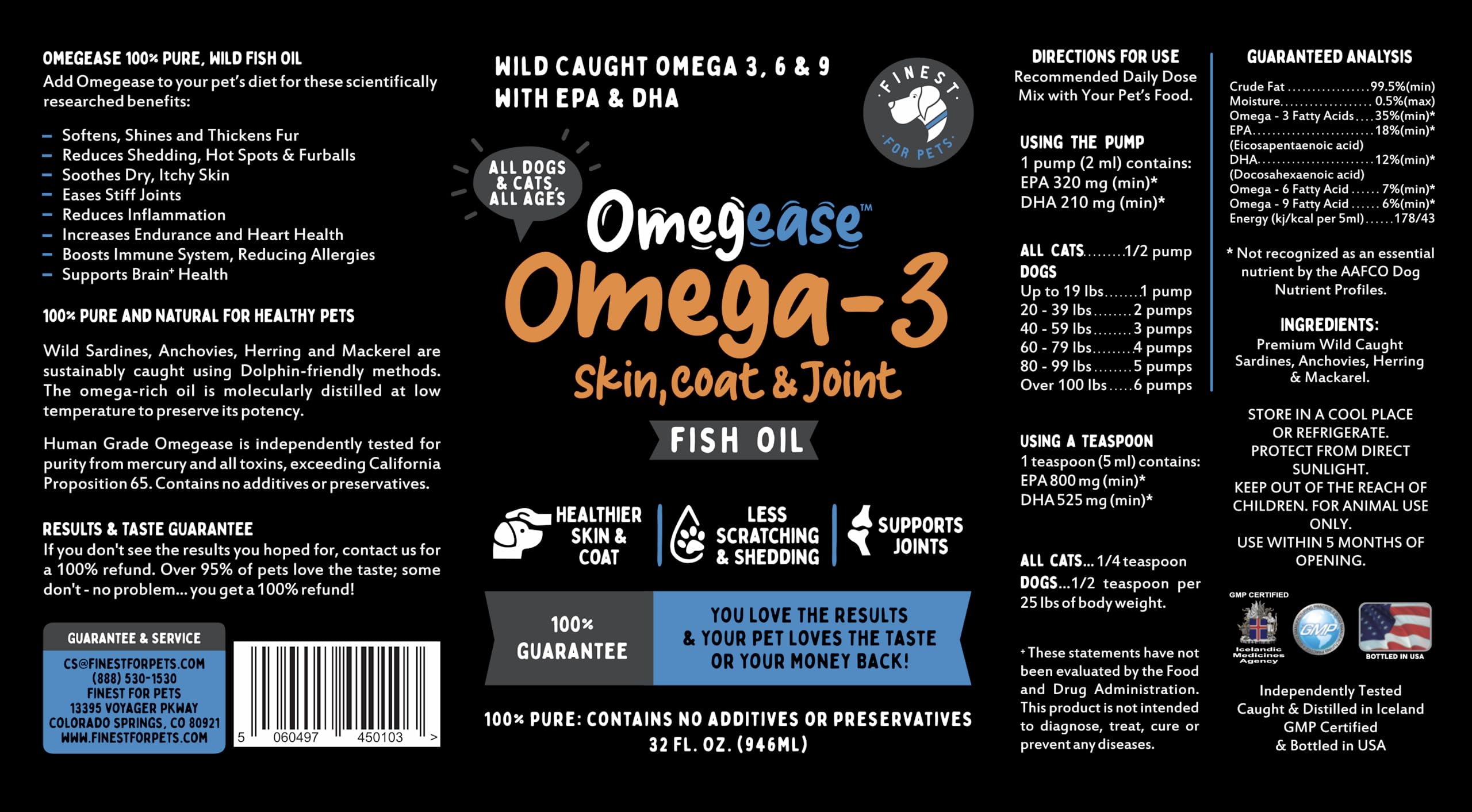 100% Pure Omega 3 Fish Oil for Dogs & Cats - Omegease Supplement for Skin & Coat, Itching, Shedding, Joints & Immune Health (32 oz)