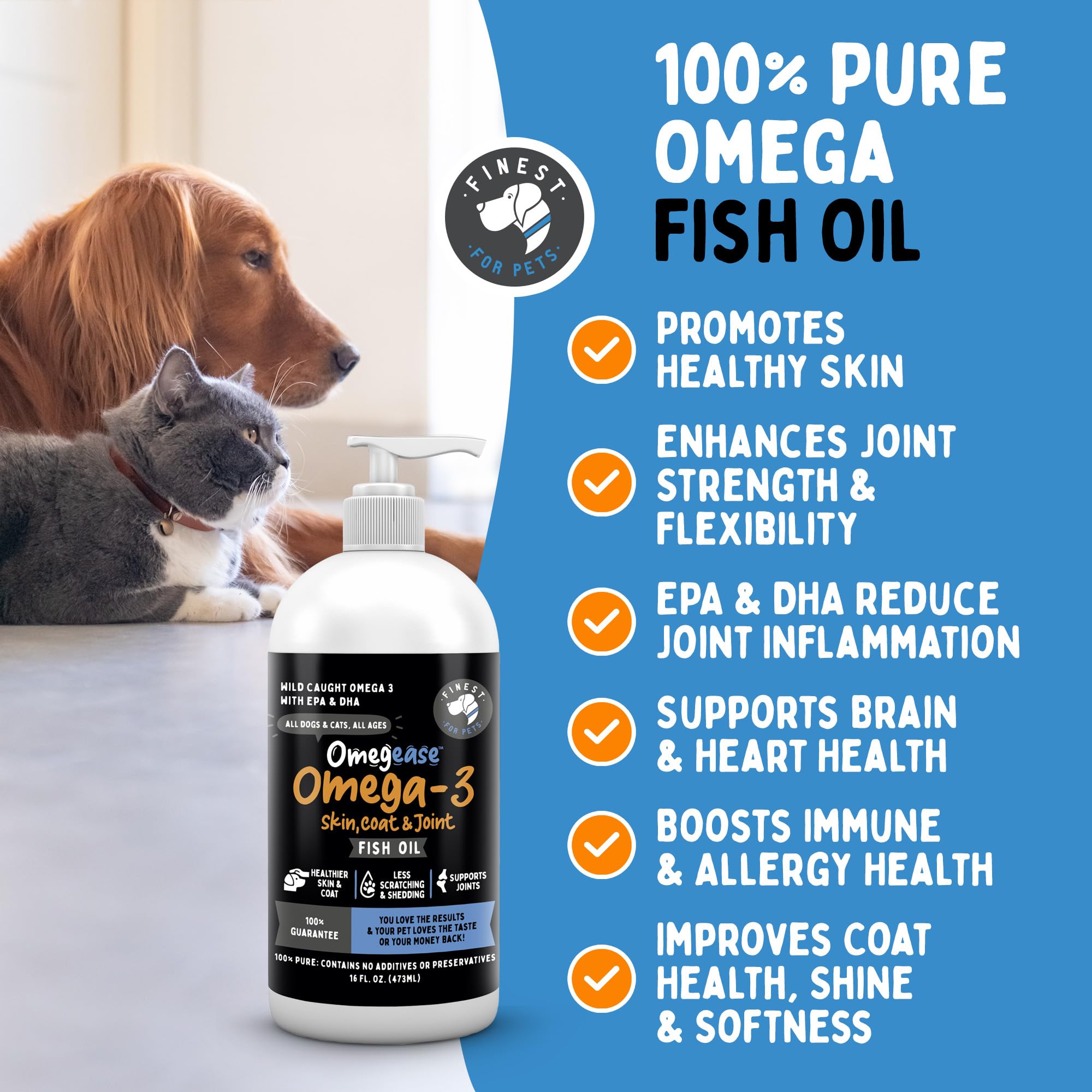 100% Pure Omega 3 Fish Oil for Dogs & Cats - Omegease Supplement for Skin & Coat, Itching, Shedding, Joints & Immune Health (32 oz)