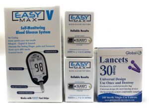 easymax v meter with 100 easymax strips and 100 easy touch 30g lancets y