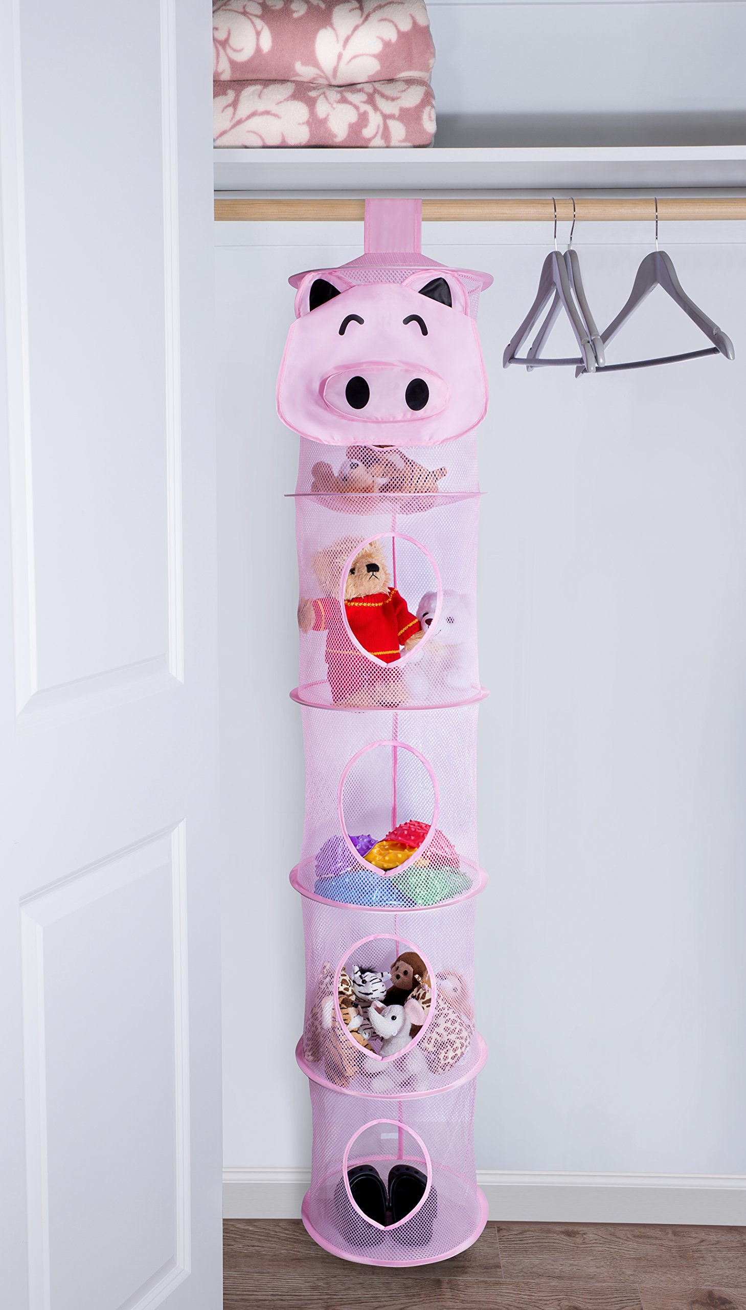 Handy Laundry 5 Tier Storage Organizer - 12" X 59" - Hang in Your Children's Room or Closet for a Fun Way to Organize Kids Toys or Store Gloves, Hats and Mittens. Attaches Easily to Any Rod. (Pig)