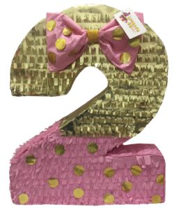 apinata4u 20" tall pink & gold number two pinata with bow - perfect for second birthday party celebrations - stunning pink & gold decor, ideal 2nd birthday supplies!