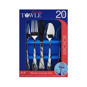 Towle Everyday Anchor Flatware Service for 4, 20 Piece Set, 18/0 Stainless Steel, Silverware Set