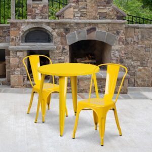 flash furniture commercial grade 30" round yellow metal indoor-outdoor table set with 2 cafe chairs