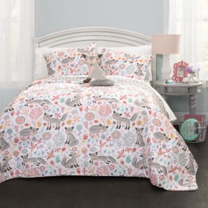 lush decor pixie fox reversible quilt set, 4 piece set, full/ queen, gray & pink - bedding sets for girls - whimsical quilt for kids & toddlers - floral & heart print - woodland bedroom decor