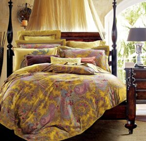 eikei vintage botanical flower print bedding 400tc cotton sateen romantic floral scarf duvet cover 3pc set colorful antique drawing of summer lilies daisy blossoms (queen, mustard)