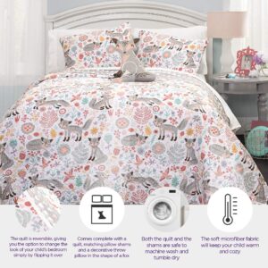 Lush Decor Pixie Fox Reversible Quilt Set, 4 Piece Set, Full/ Queen, Gray & Pink - Bedding Sets For Girls - Whimsical Quilt For Kids & Toddlers - Floral & Heart Print - Woodland Bedroom Decor