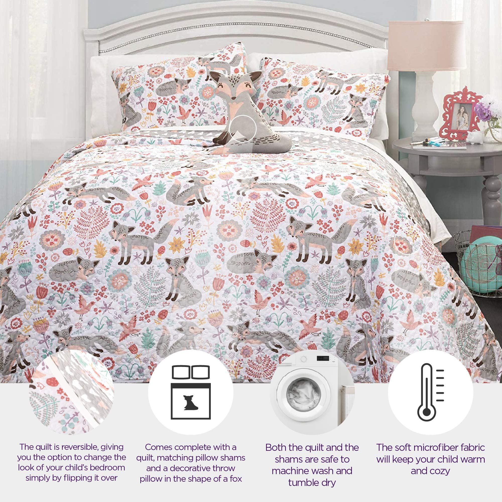 Lush Decor Pixie Fox Reversible Quilt Set, 4 Piece Set, Full/ Queen, Gray & Pink - Bedding Sets For Girls - Whimsical Quilt For Kids & Toddlers - Floral & Heart Print - Woodland Bedroom Decor