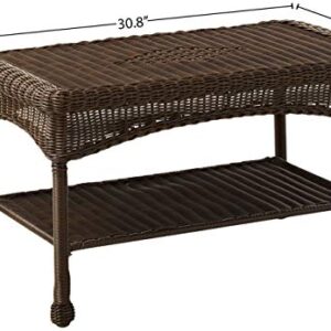 Jeco Wicker Patio Love Seat and Coffee Table Set with Tan Cushion, Espresso