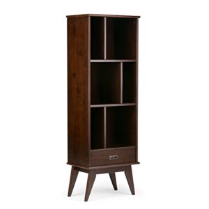 simplihome draper solid hardwood 22 inch mid century modern bookcase and storage unit in medium auburn brown, for the living room, study room and office