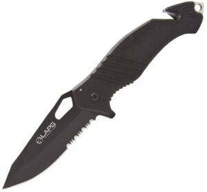 la police gear lapg edc folding knife, tactical flipper pocket knife, survival knife with seatbelt cutter & glass breaker, black serrated/black handle