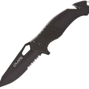 LA Police Gear LAPG EDC Folding Knife, Tactical Flipper Pocket Knife, Survival Knife With Seatbelt Cutter & Glass Breaker, Black Serrated/Black Handle