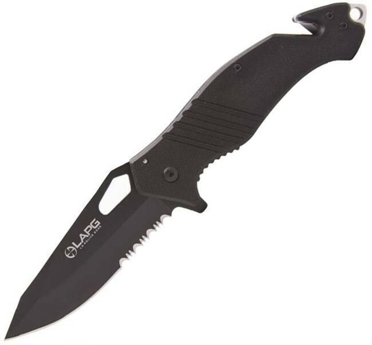 LA Police Gear LAPG EDC Folding Knife, Tactical Flipper Pocket Knife, Survival Knife With Seatbelt Cutter & Glass Breaker, Black Serrated/Black Handle