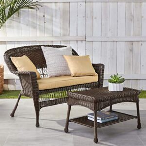 Jeco Wicker Patio Love Seat and Coffee Table Set with Tan Cushion, Espresso