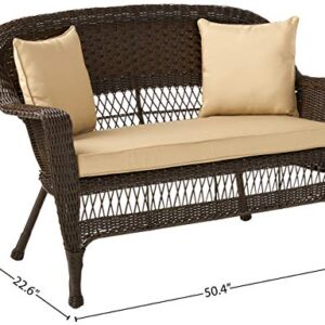 Jeco Wicker Patio Love Seat and Coffee Table Set with Tan Cushion, Espresso