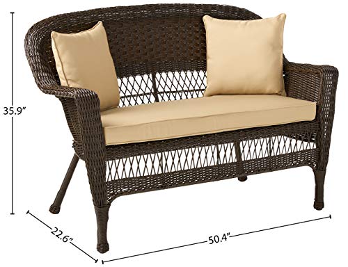 Jeco Wicker Patio Love Seat and Coffee Table Set with Tan Cushion, Espresso