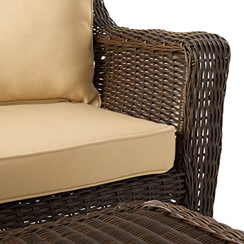 Jeco Wicker Patio Love Seat and Coffee Table Set with Tan Cushion, Espresso