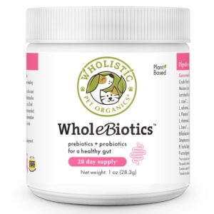 wholistic pet organics wholebiotics supplement: organic dog probiotic powder - cat probiotic with digestive enzymes - dog probiotics for diarrhea, gas, constipation, upset stomach, allergies - 1 oz