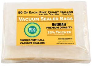 150 vacuum sealer bags: 50 pint (6" x 10"), 50 quart (8" x 12"), 50 gallon (11" x 16") by outofair - works with foodsaver & other savers. 33% thicker, bpa free, great for sous vide