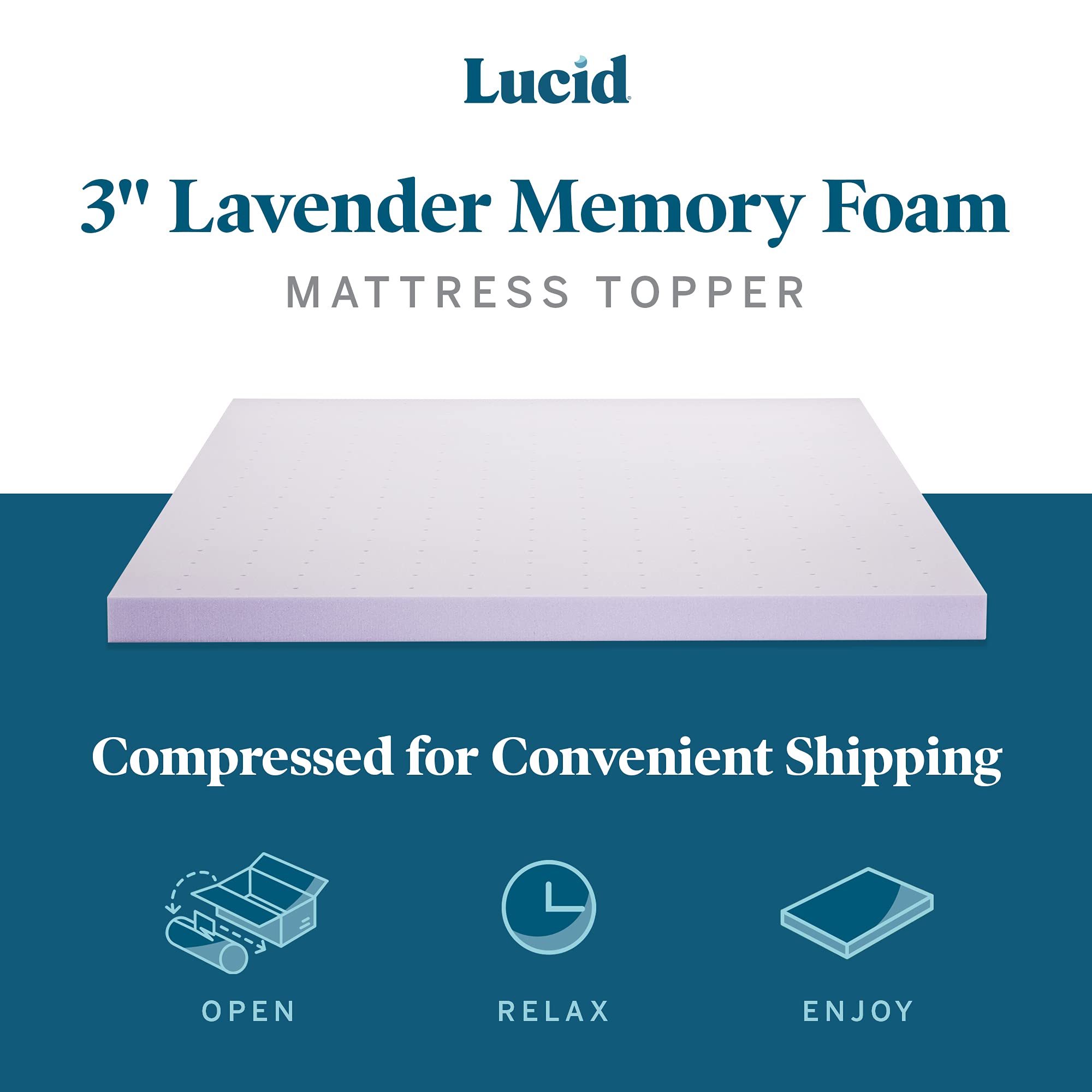 LUCID 3 Inch Lavender Infused Memory Foam Mattress Topper - Ventilated Design - Queen Size