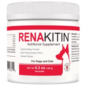 renakitin kidney supplements for dogs cats - contains chitosan & calcium carbonate, support optimal kidney function, great tasting chicken flavor, 6.3 oz