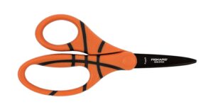 fiskars 5" pointed-tip scissors for kids 4-7 with non-stick blades - scissors for school or crafting - back to school supplies - basketball