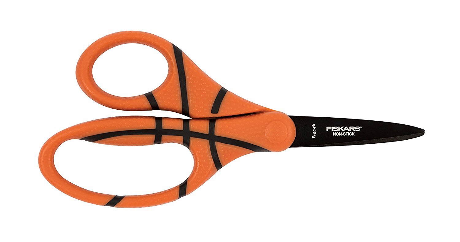 Fiskars 5" Pointed-Tip Scissors for Kids 4-7 with Non-Stick Blades - Scissors for School or Crafting - Back to School Supplies - Basketball