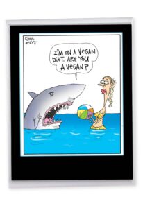 nobleworks - 1 jumbo funny birthday card with envelope (8.5 x 11 inch) - birthday occasion humor, group cartoon card - vegan shark j4002bdg