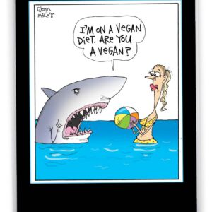 NobleWorks - 1 Jumbo Funny Birthday Card with Envelope (8.5 x 11 Inch) - Birthday Occasion Humor, Group Cartoon Card - Vegan Shark J4002BDG