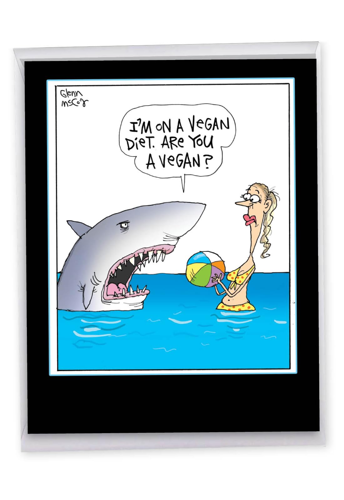 NobleWorks - 1 Jumbo Funny Birthday Card with Envelope (8.5 x 11 Inch) - Birthday Occasion Humor, Group Cartoon Card - Vegan Shark J4002BDG