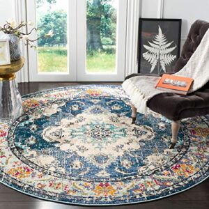 safavieh monaco collection area rug - 6'7" round, navy & light blue, boho chic medallion distressed design, non-shedding & easy care, ideal for high traffic areas in living room, bedroom (mnc243n)