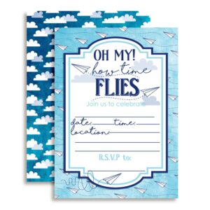 paper airplane time flies themed birthday party invitations, 20 5x7 fill in cards with twenty white envelopes by amandacreation