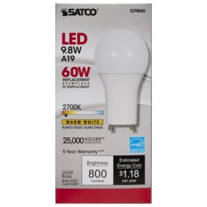 Satco S29840 Dimmable LED A19 Light Bulb, GU24 Base, 9.8W/120V 60W-Equivalent, 2700K/800 Lumens, Frosted White