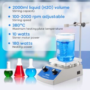 HYCC Magnetic Stirrer Hot Plate Max 716°F, 100-2000RPM Hot Plate with Magnetic Stirrer, 2000mL Magnetic Hotplate Stirrer, Magnetic Stirrer w/Magnetic Stir Bar