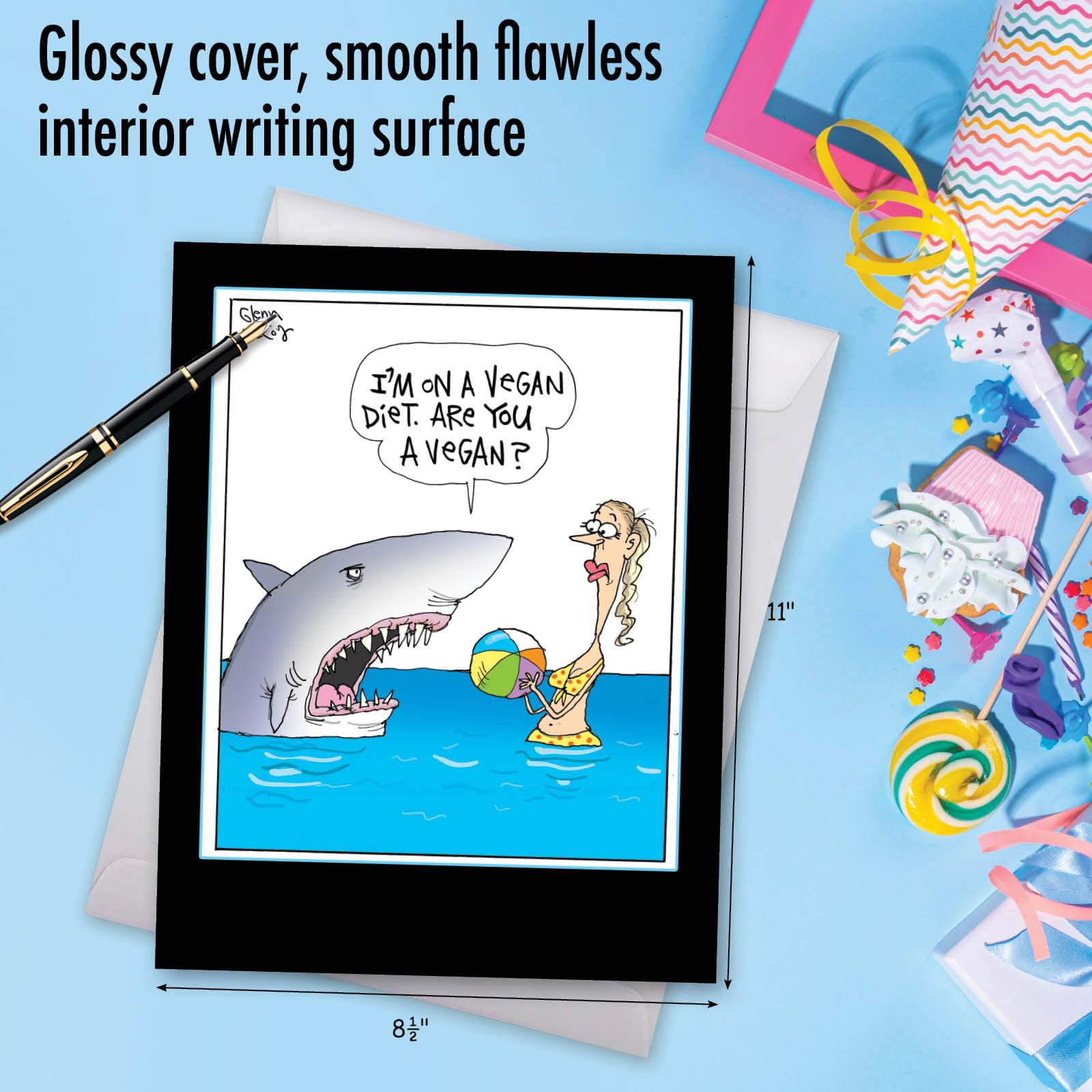 NobleWorks - 1 Jumbo Funny Birthday Card with Envelope (8.5 x 11 Inch) - Birthday Occasion Humor, Group Cartoon Card - Vegan Shark J4002BDG