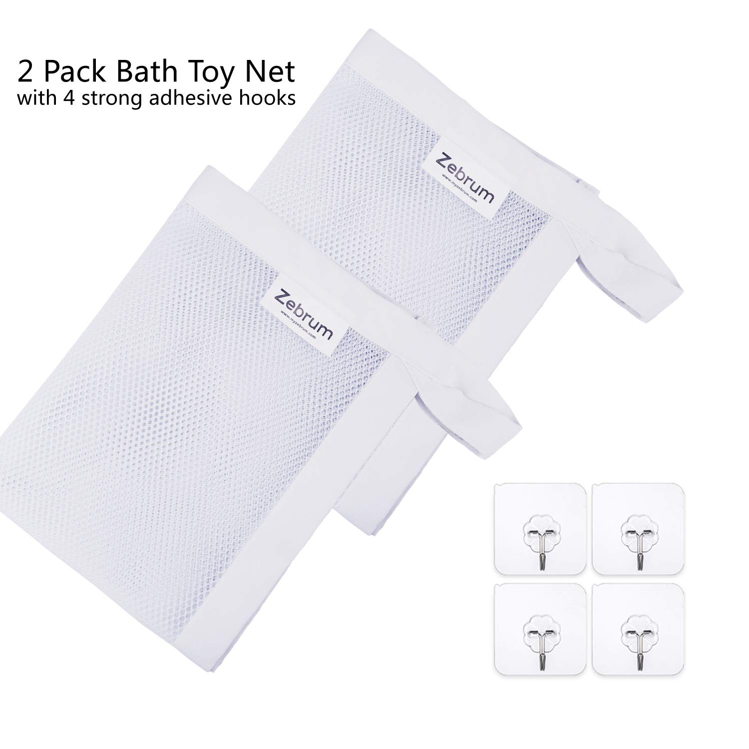 zebrum Bath Toy Organizer Set, 2 Large Strong Storage Mesh Bags, 18 x 14 Inch with 4 Strong Adhesive Hooks- Easy Storage of Bath Toys and Other Bathroom Items-White (Bath Toy Organizer Set)