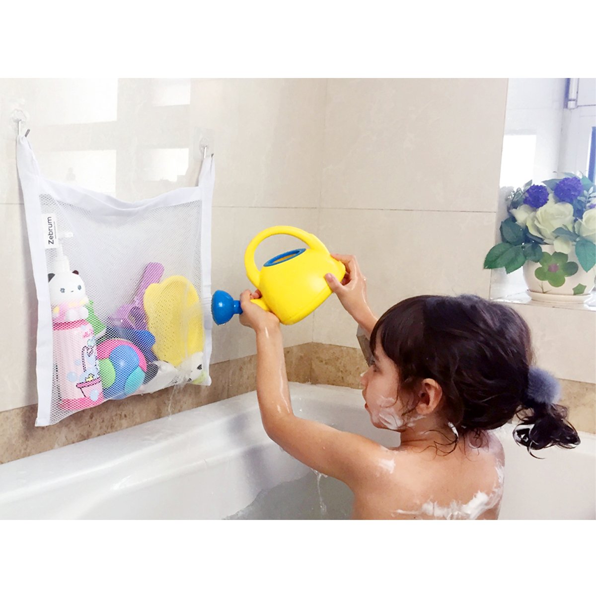 zebrum Bath Toy Organizer Set, 2 Large Strong Storage Mesh Bags, 18 x 14 Inch with 4 Strong Adhesive Hooks- Easy Storage of Bath Toys and Other Bathroom Items-White (Bath Toy Organizer Set)