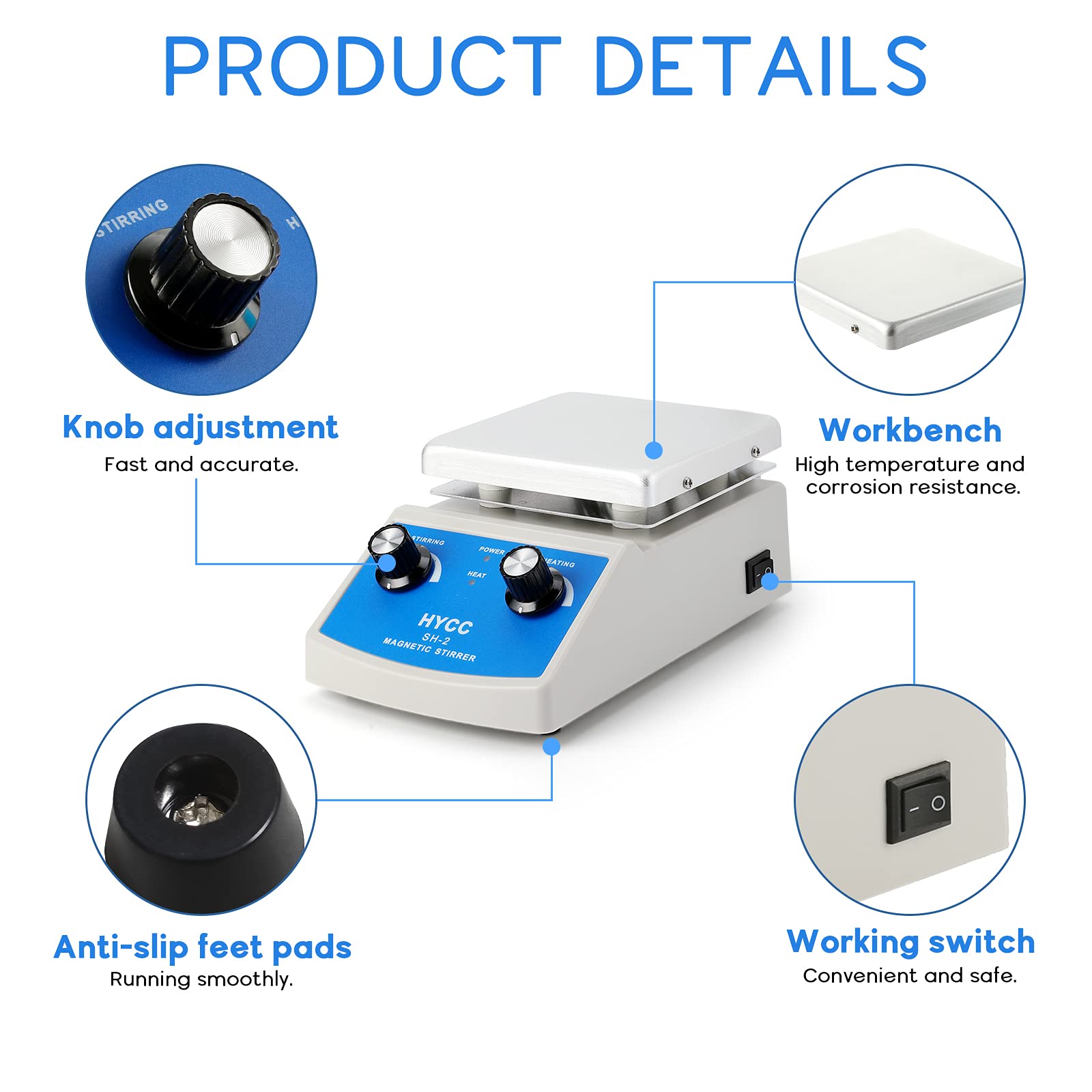 HYCC Magnetic Stirrer Hot Plate Max 716°F, 100-2000RPM Hot Plate with Magnetic Stirrer, 2000mL Magnetic Hotplate Stirrer, Magnetic Stirrer w/Magnetic Stir Bar