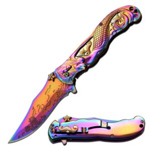 masters collection – spring assisted open folding pocket knife –rainbow stainless steel blade w/ underwater acid etching, rainbow stainless steel handle w/ mermaid, pocket clip, edc – mc-a013rb