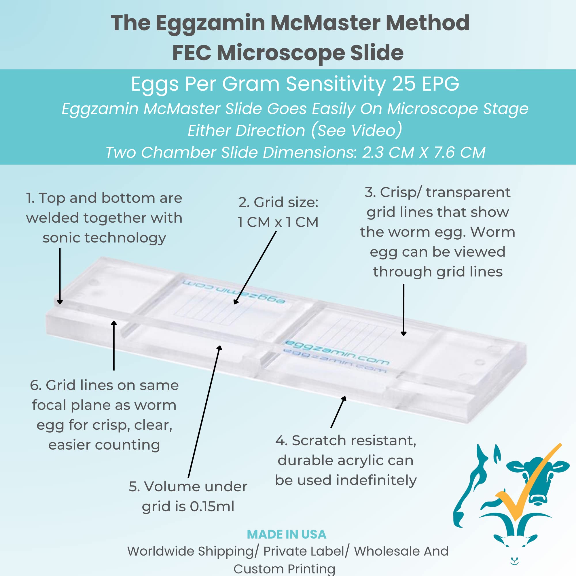 McMaster Method Microscope Slide, FEC (Fecal Egg Count) or Worm Count, Double Chamber Slide for Parasite Testing and Management, Count Parasite Eggs in Horses, Sheep, Goats and Cattle.