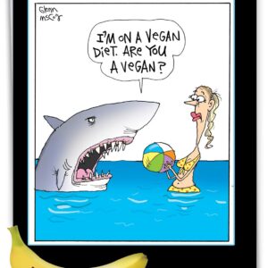 NobleWorks - 1 Jumbo Funny Birthday Card with Envelope (8.5 x 11 Inch) - Birthday Occasion Humor, Group Cartoon Card - Vegan Shark J4002BDG