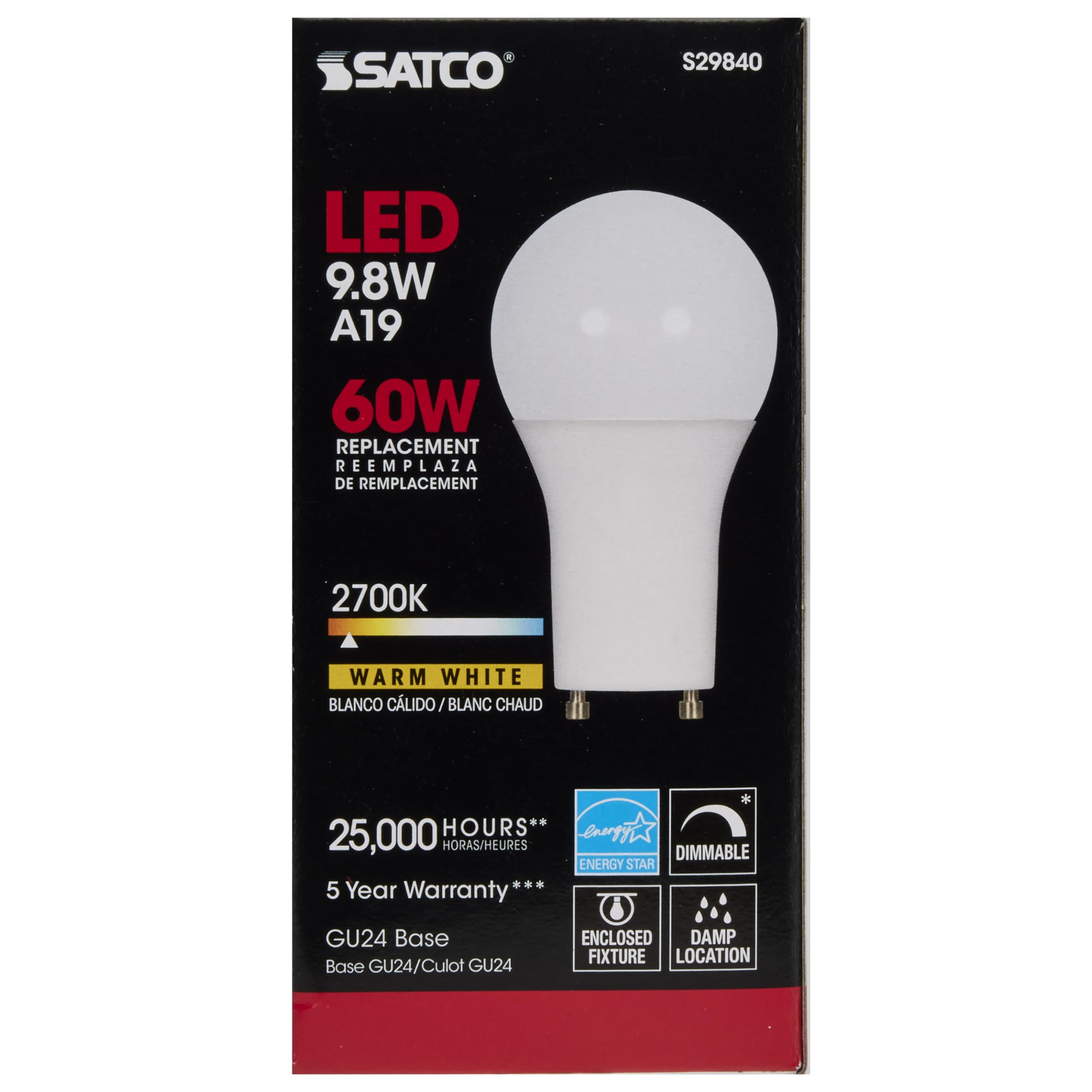 Satco S29840 Dimmable LED A19 Light Bulb, GU24 Base, 9.8W/120V 60W-Equivalent, 2700K/800 Lumens, Frosted White