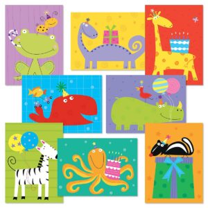 current kids birthday greeting cards value pack - set of 16, 8 unique designs, large 5 x 7 inch cards, sentiments inside, envelopes included