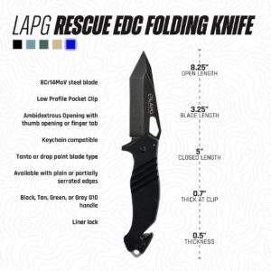 LA Police Gear LAPG EDC Folding Knife, Tactical Flipper Pocket Knife, Survival Knife With Seatbelt Cutter & Glass Breaker, Black Serrated/Black Handle