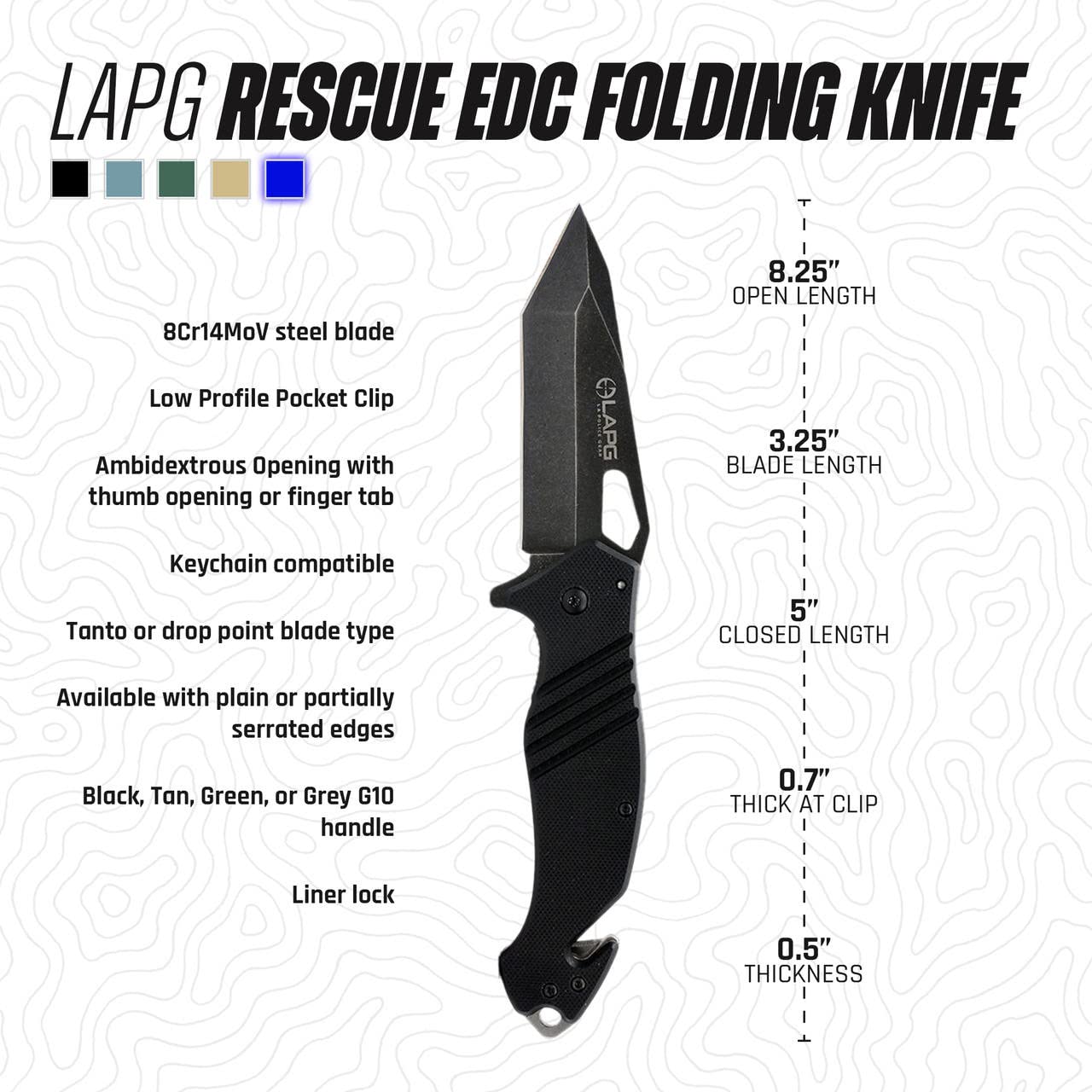 LA Police Gear LAPG EDC Folding Knife, Tactical Flipper Pocket Knife, Survival Knife With Seatbelt Cutter & Glass Breaker, Black Serrated/Black Handle