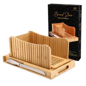 deen dynamics premium bamboo bread slicer for homemade bread, bread slicer with 3 slice thickness, foldable bread slicer with stainless steel knife and compact chopping cutting guide with crumb tray