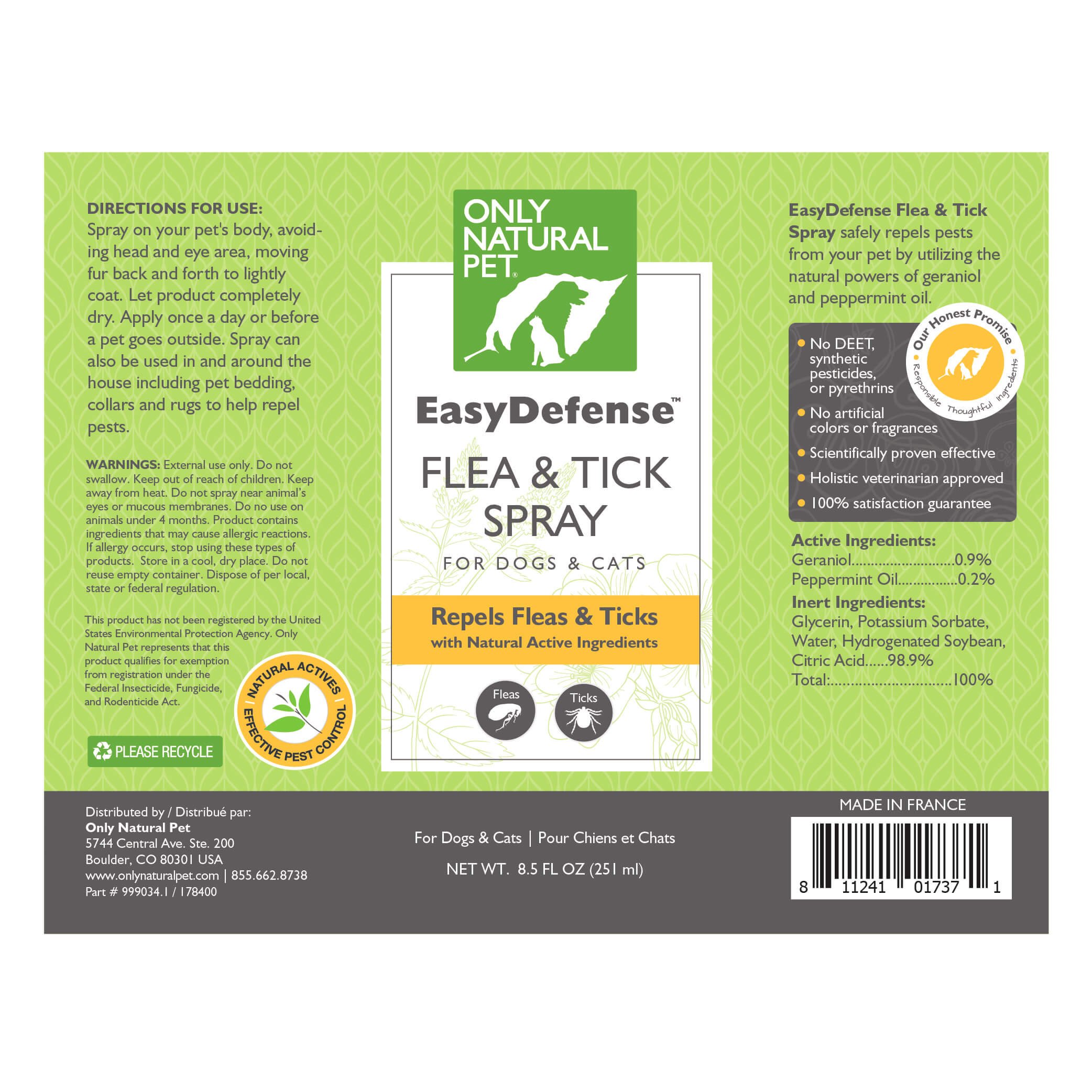 Only Natural Pet EasyDefense Flea and Tick Spray for Dogs and Cats - Natural Active Ingredients Geraniol and Peppermint Oil to Naturally Repel Fleas & Ticks - 8.5 oz Bottle