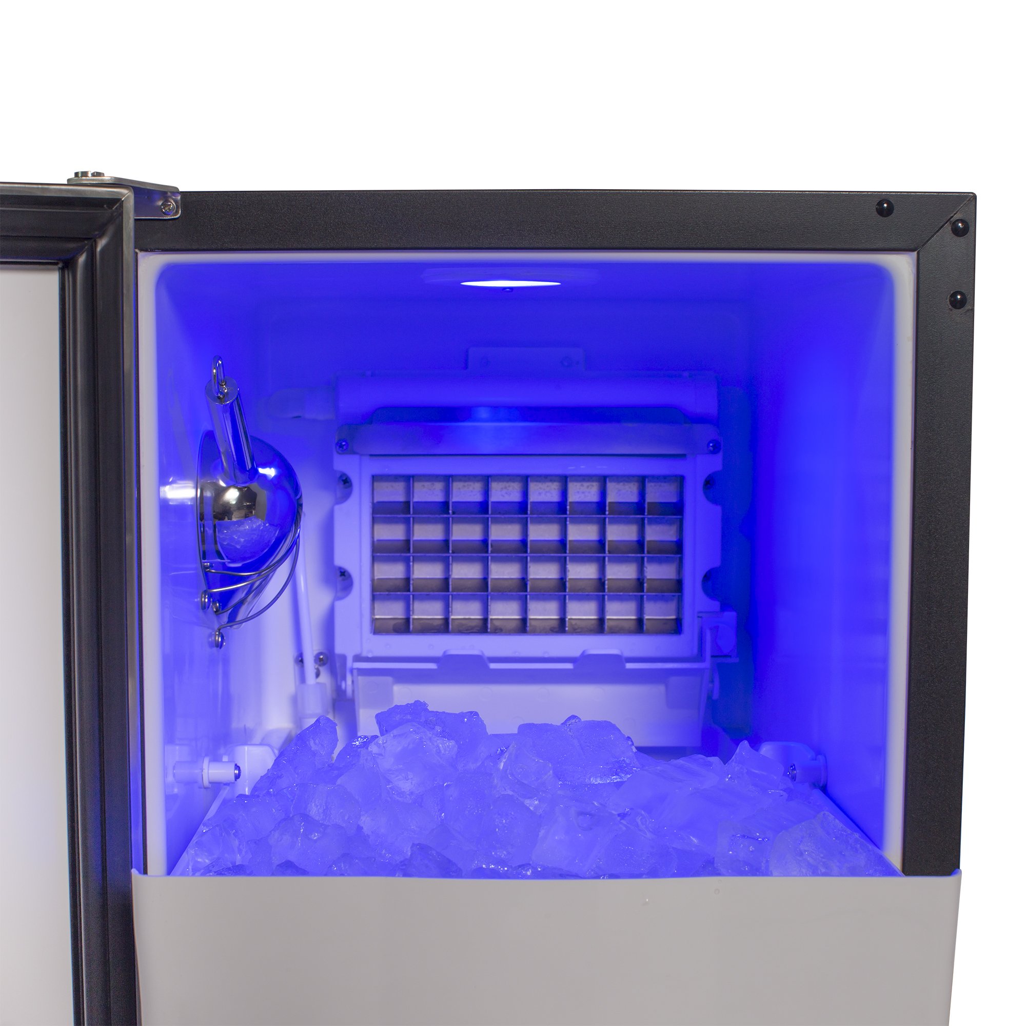 Maxx Ice MIM50P 65Lb Premium Clear Ice Cube Maker Machine with Drain Pump Blue LED and Built-in Undercounter or Freestanding Household Residential or Commercial Use, 15 Inch Wide, Silver