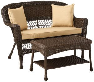 jeco wicker patio love seat and coffee table set with tan cushion, espresso