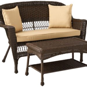 Jeco Wicker Patio Love Seat and Coffee Table Set with Tan Cushion, Espresso